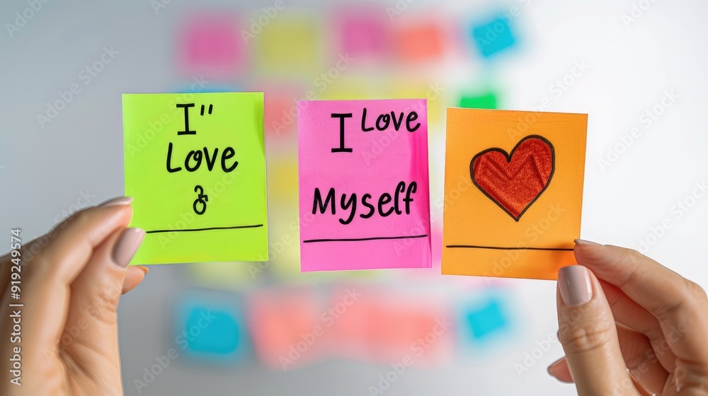 hand holding colorful sticky notes with the text "I Love Myself", "" I ...