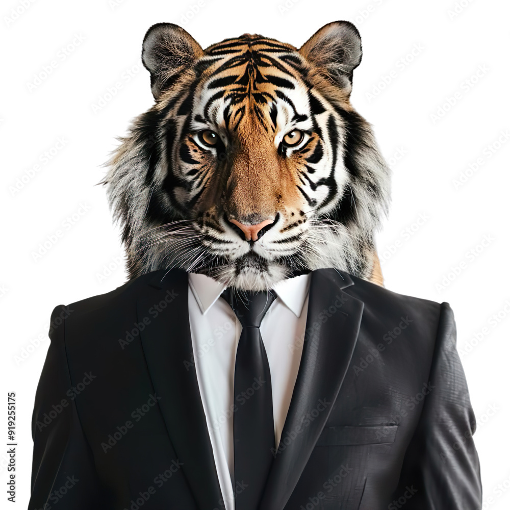 Tiger in a Suit head on the human body Isolated on transparent ...