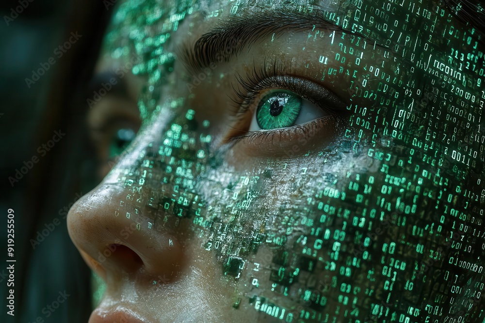 photorealistic android face emerging from a sea of binary code ...