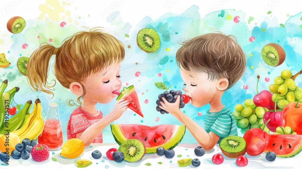Cartoon flat vector drawing of a boy and a girl eating seasonal fruits ...
