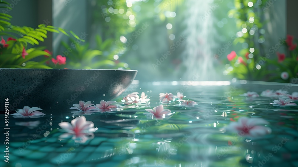 Spa pool with floating flowers and cascading water. Tranquil spa pool ...
