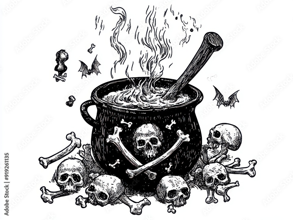 Black and white Vintage engraved art of a cauldron bubbling over with a ...