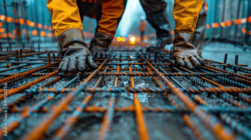 Hands placing steel rebar on a construction site. Close-up of hands ...