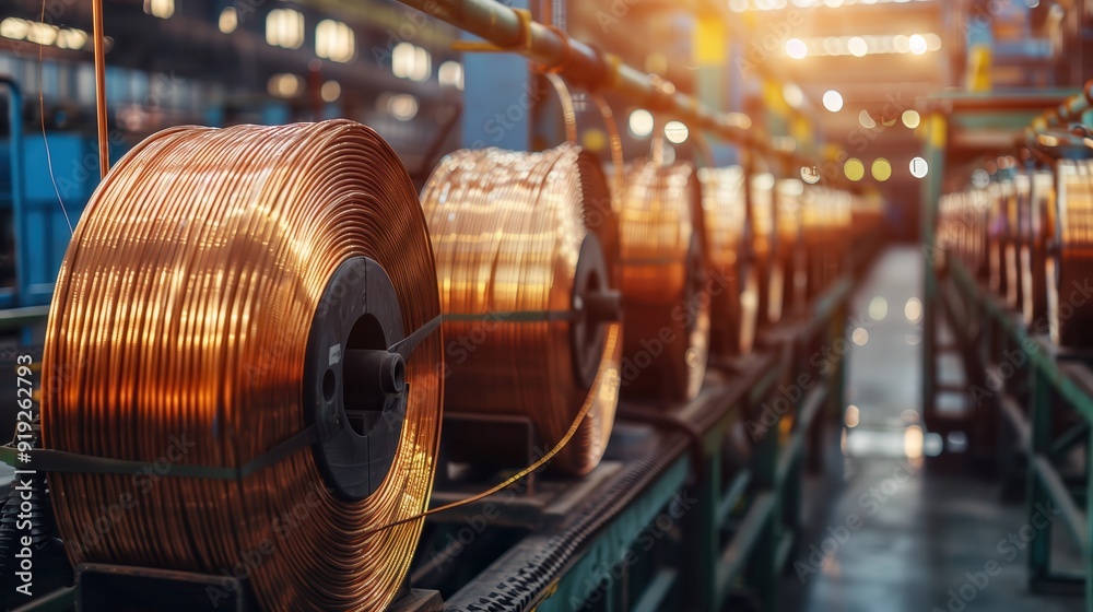 Copper wire spools in an industrial factory setting. Large spools of ...