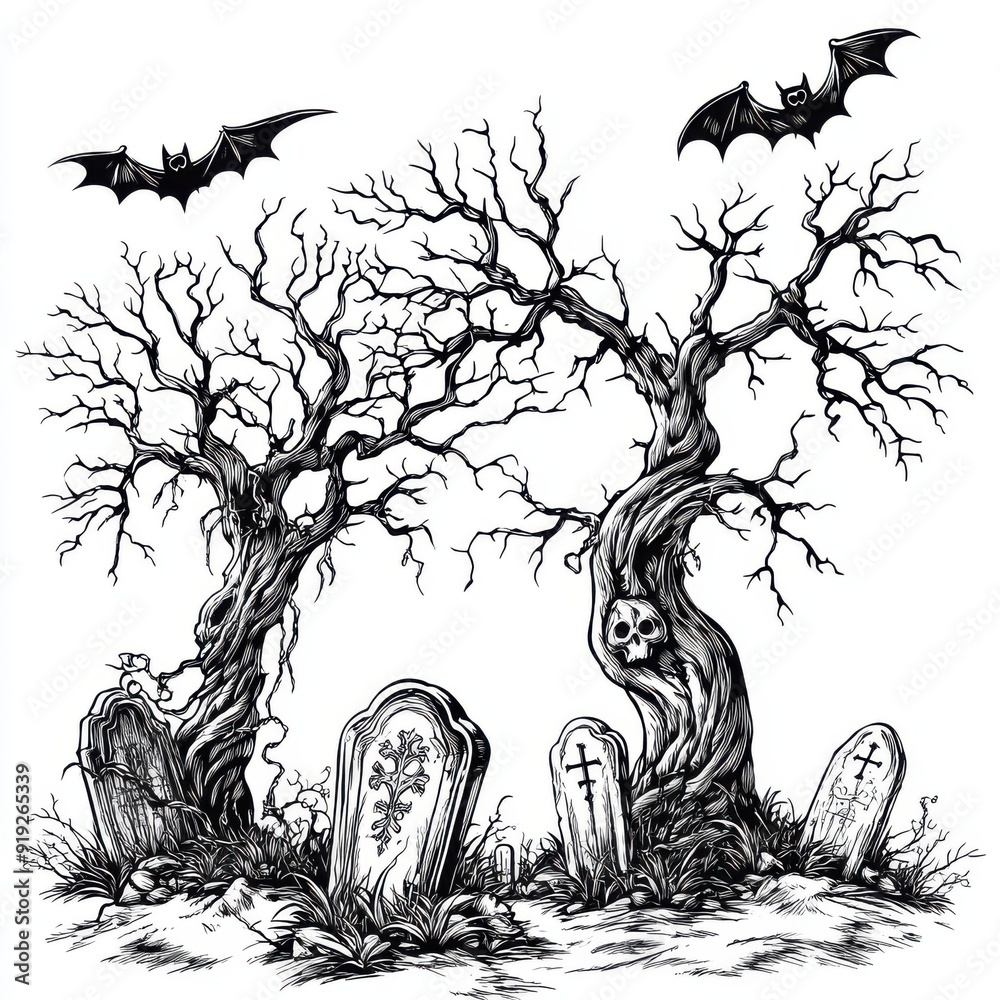 Black and white Vintage engraved art of a graveyard scene with twisted ...