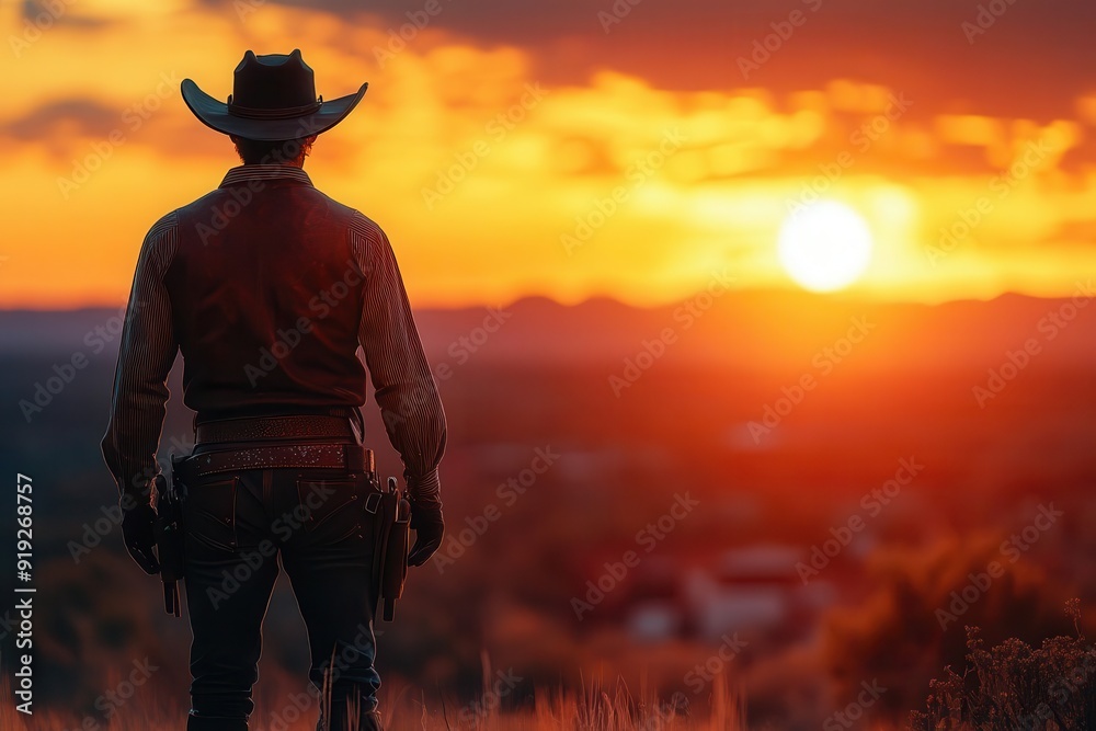 rugged cowboy silhouette dusty frontier town backdrop dramatic sunset ...