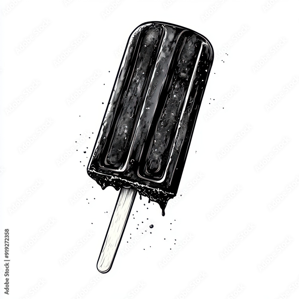 Black and white Vintage engraved art of a popsicle with bite marks ...