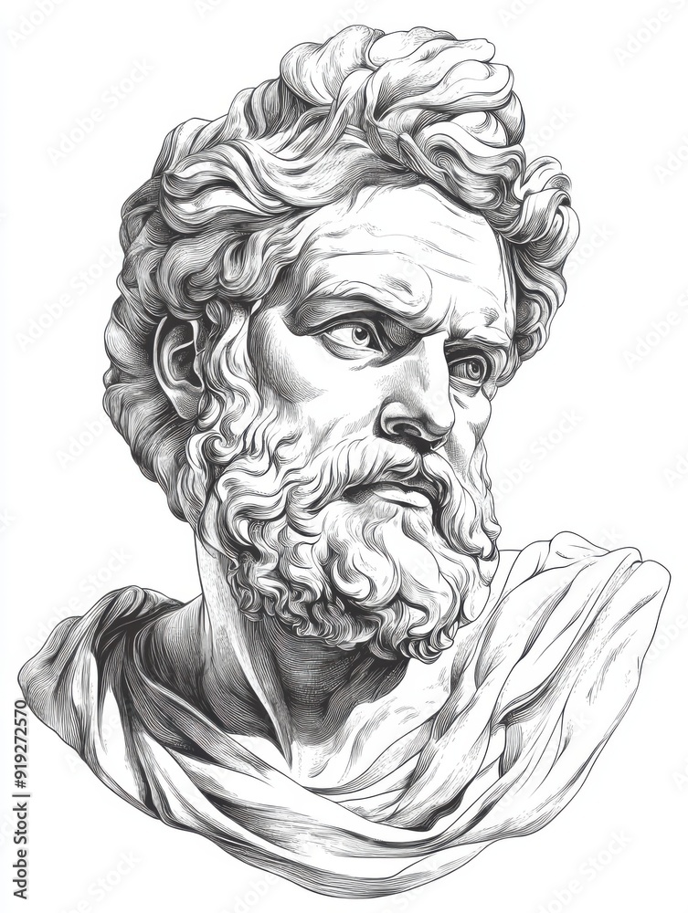 Black and white Vintage engraved art of a portrait of marble statue of ...