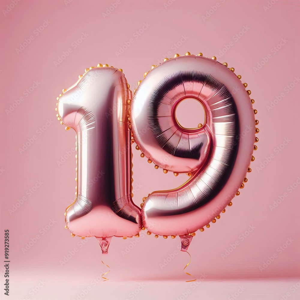 balloon in a shape of number 19 on pink background for birthday ...