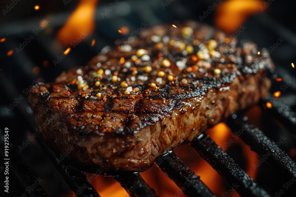 sizzling ribeye steak on flaming grill juices caramelizing with ...