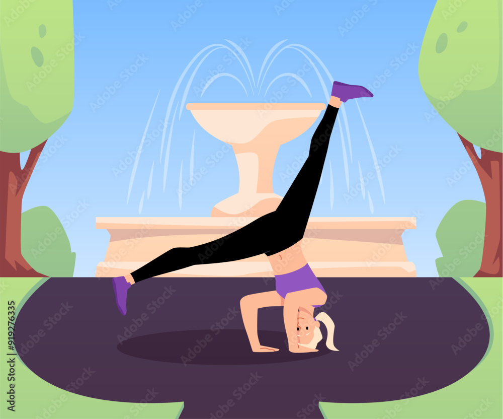 Break dancer girl showing handstands dynamic pose in park near the ...