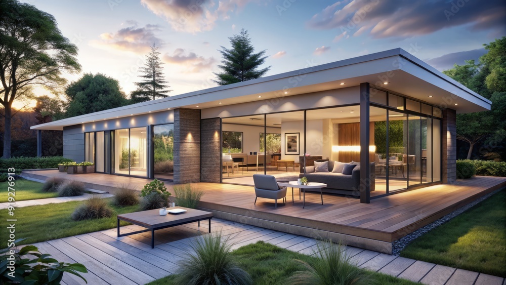 Modern 3D floor plan rendering of a luxurious single-story house with ...