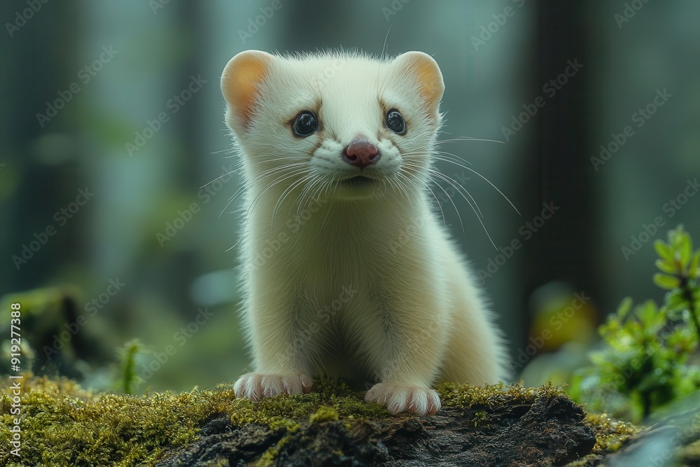 sleek white weasel with piercing eyes poised gracefully on mosscovered ...