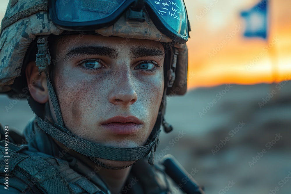 israeli soldier in advanced combat gear hebrew lettering on helmet ...