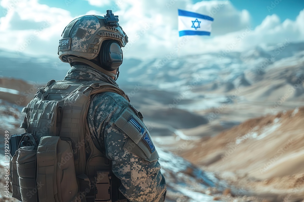 israeli soldier in advanced combat gear hebrew lettering on helmet ...