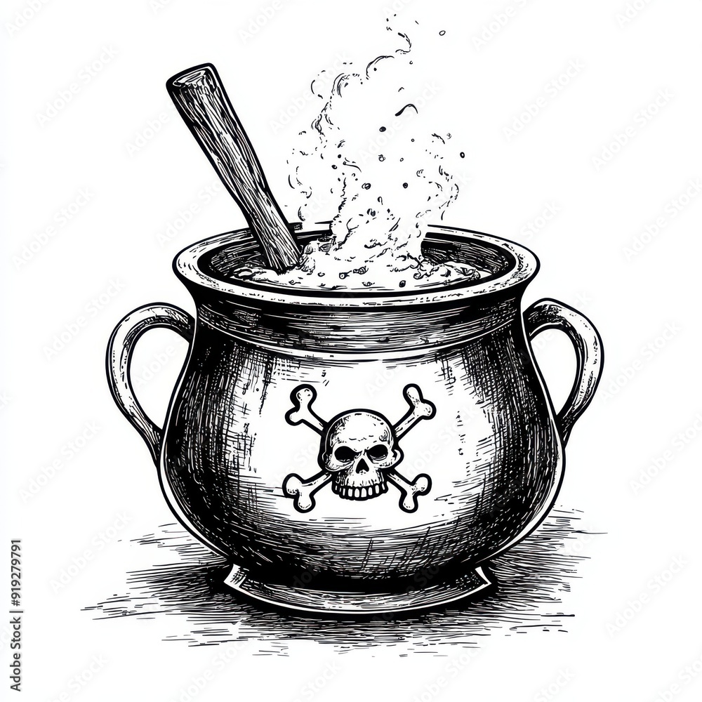 Black and white Vintage engraved art of a witch's cauldron with a skull ...