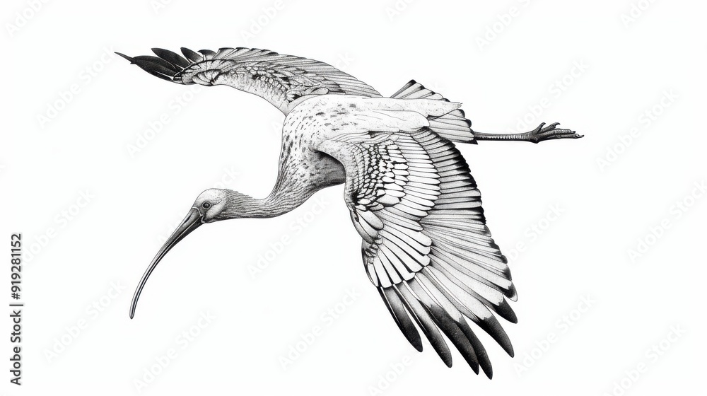 Black and white Vintage engraved art of an ibis in flight, isolated on ...