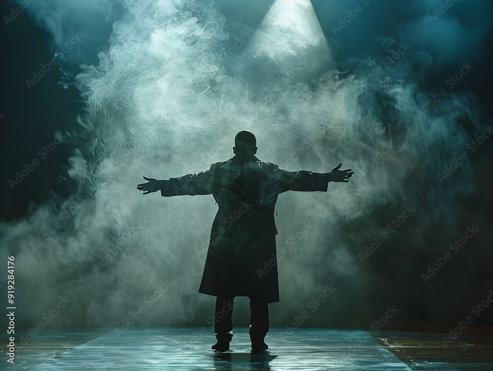 Performer stands dramatically shrouded in fog under a spotlight during ...