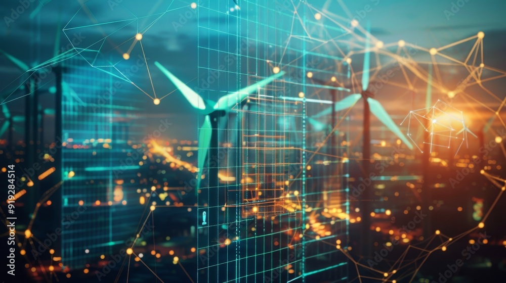 Image of a digital renewable energy grid with solar and wind farm ...