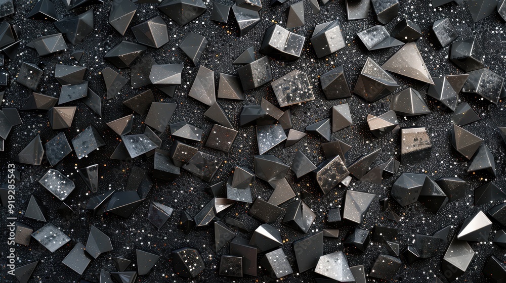 Geometric shapes in black are scattered across a dark textured surface ...