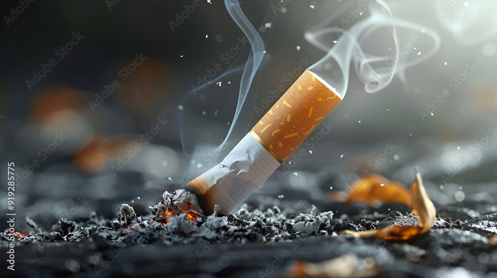 Burning cigarette standing upright on ash with smoke on dark background ...