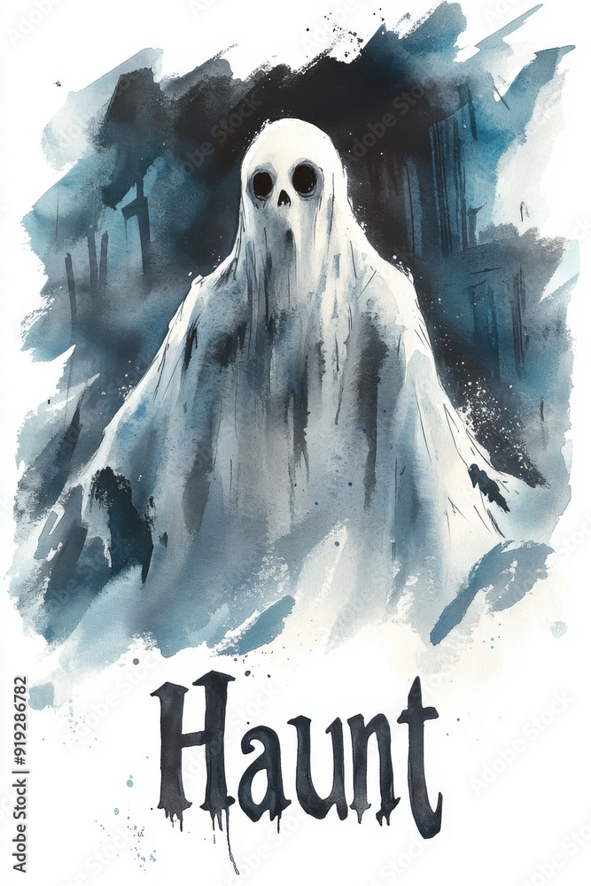 Watercolor ghost drifting through the night, with text "Haunt" in big ...