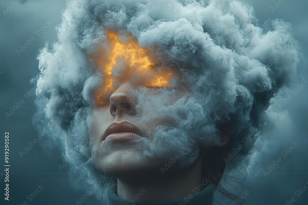 surreal portrait of a man with a dark stormy cloud hovering above his ...