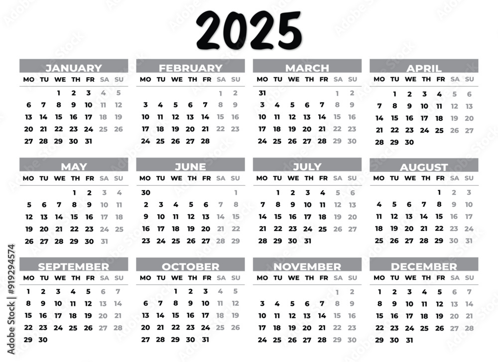 2025 Monday Start Landscape Black and White Calendar. 2025 Monday Start Horizontal Black and ...