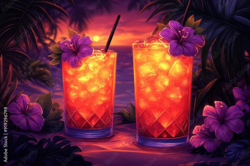 tropical paradise tiki bar at sunset vibrant cocktails with exotic ...