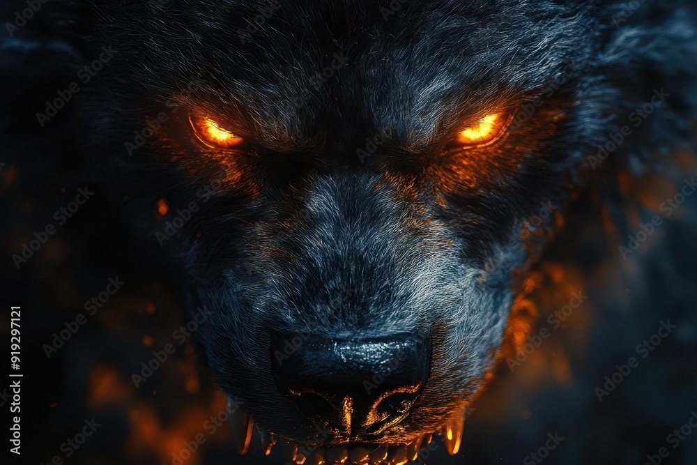 menacing werewolf face emerging from shadows glowing eyes piercing the ...