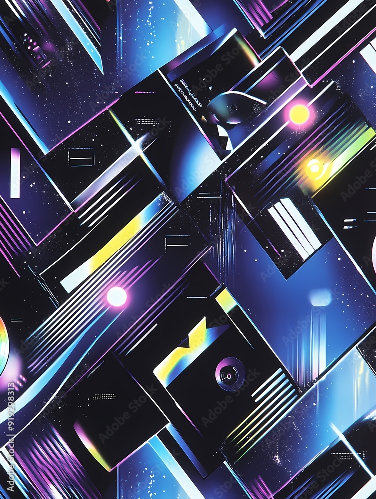 Geometric pattern of retro VHS tapes in a bright neon color palette ...