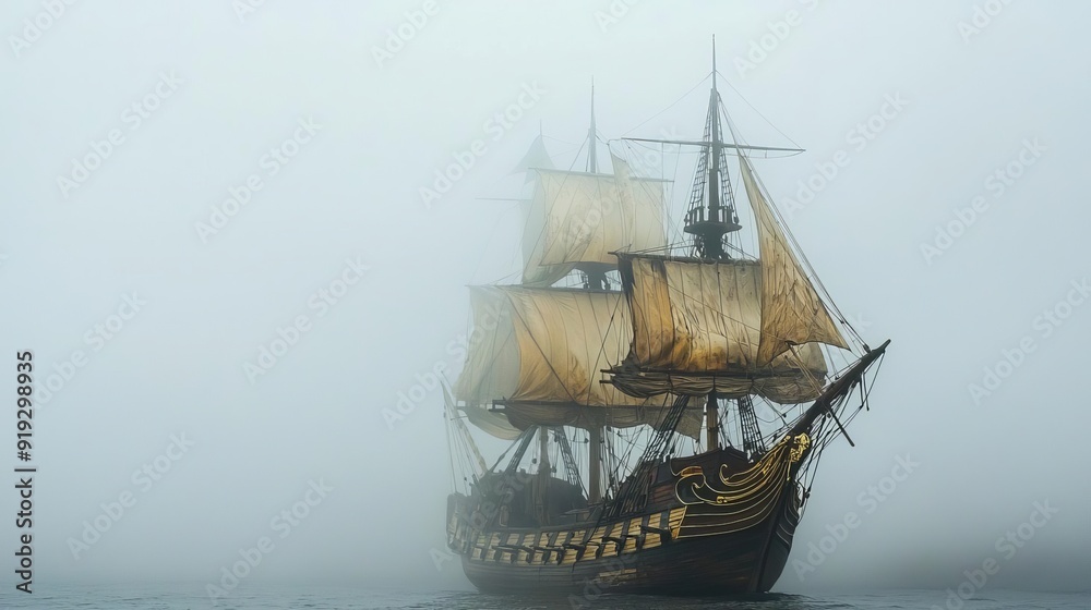 Ghost Ship A pirate ship with tattered sails sailing through a foggy ...