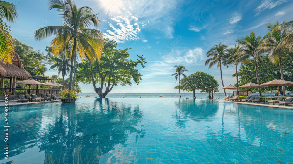 Luxurious tropical resort featuring an expansive infinity pool ...
