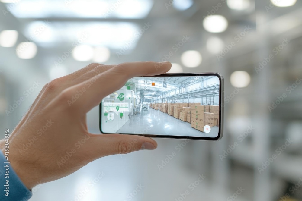 Augmented reality interface showing supply chain flow and inefficiencies, logistics optimization ...
