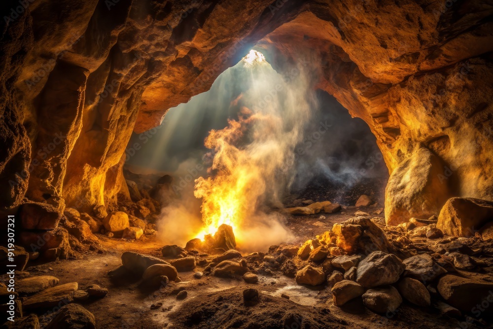 Mysterious rocky cave interior with eerie smoke rising from the ground ...
