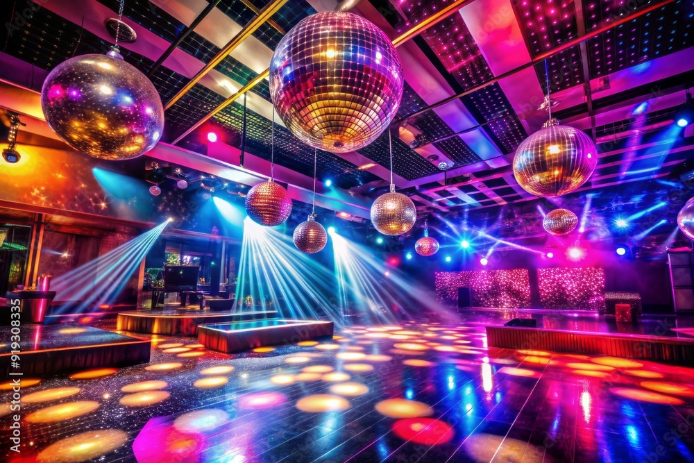 Vibrant nightclub atmosphere features flashy lights, glitzy disco balls ...