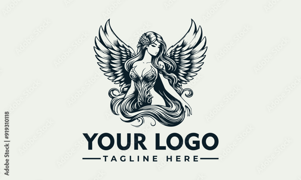 Angel with wings vector logo, flowing gown, long hair An angelic figure ...