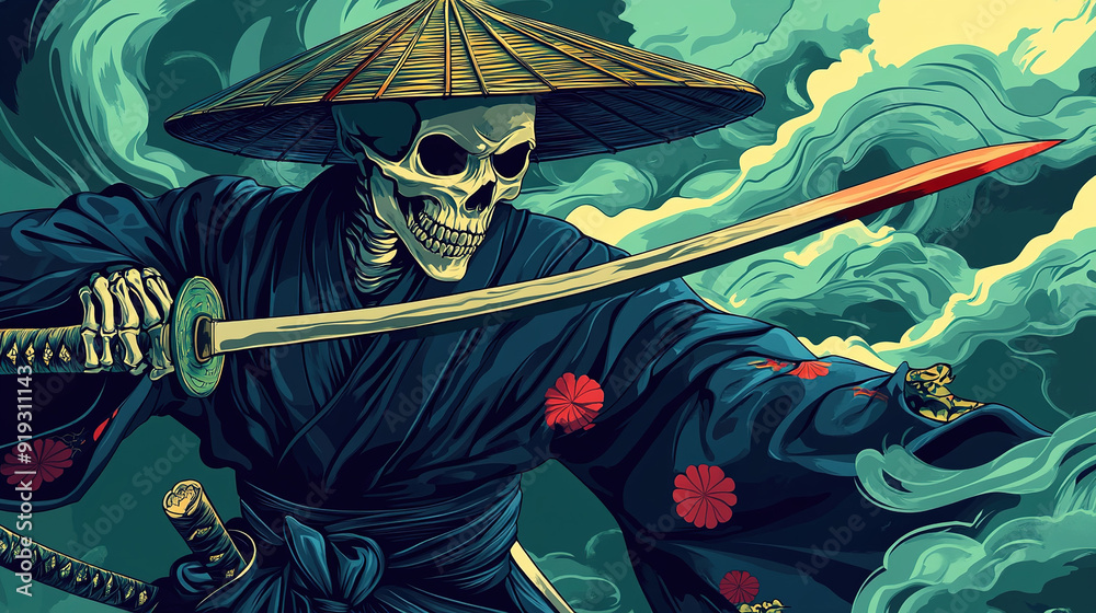 Captivating vector illustration of a skeleton samurai in elegant ...