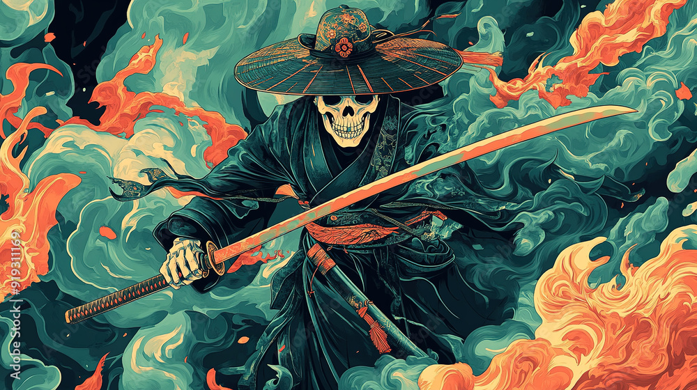 Captivating vector illustration of a skeleton samurai in elegant ...