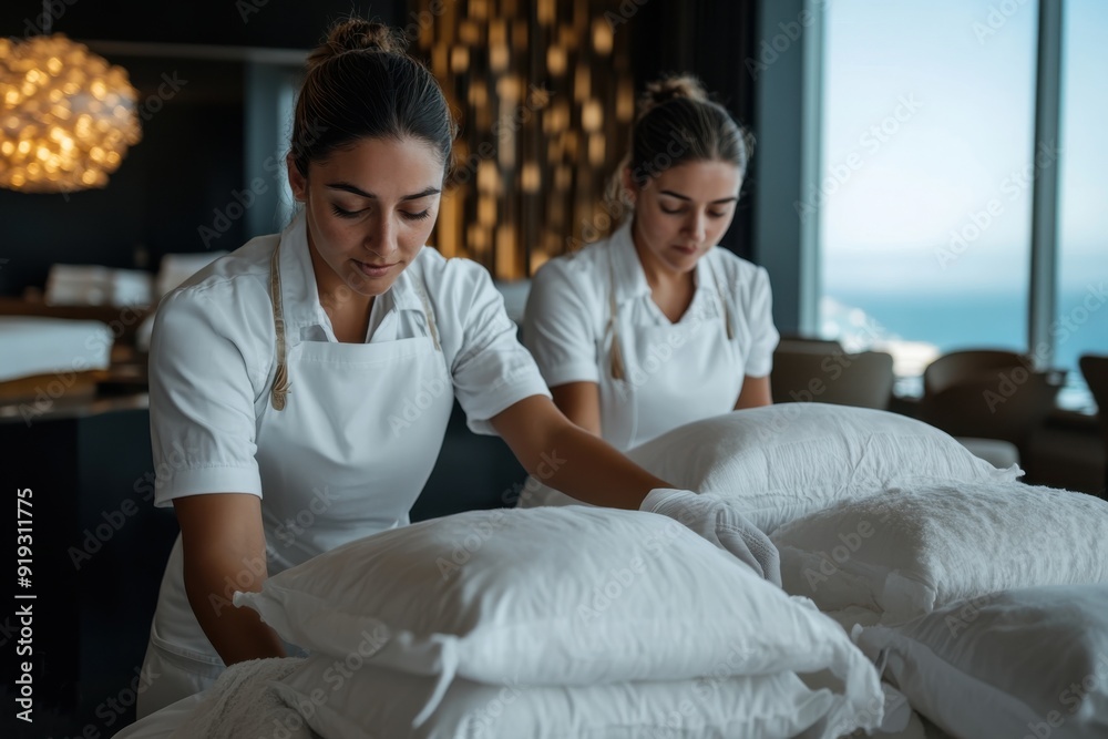 Two maids dressed in white uniforms are making beds in a luxurious ...