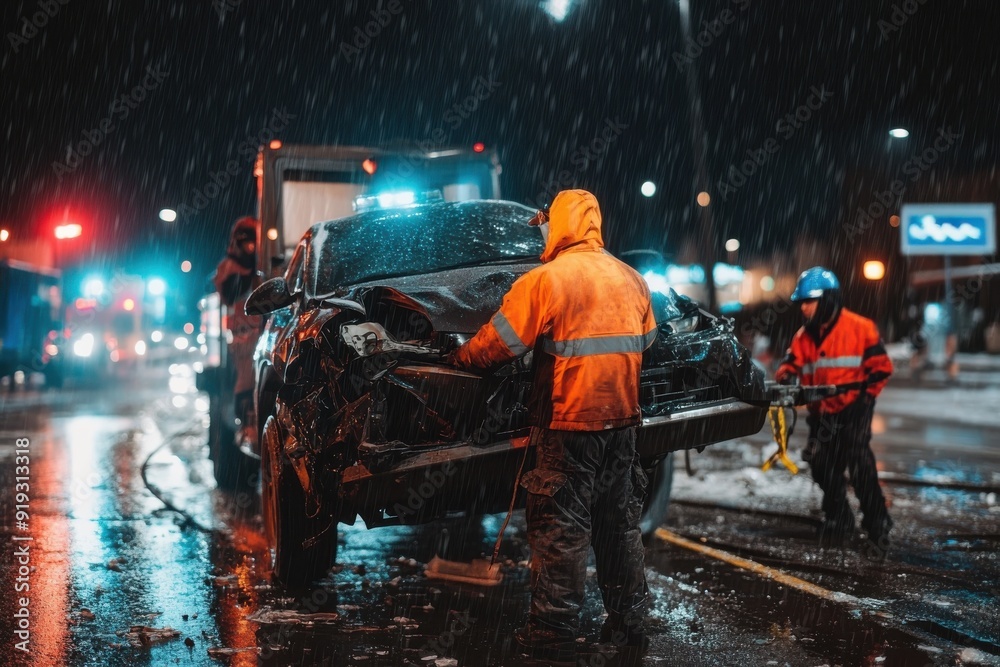 Rescue workers wearing reflective gear attend to a car accident scene ...