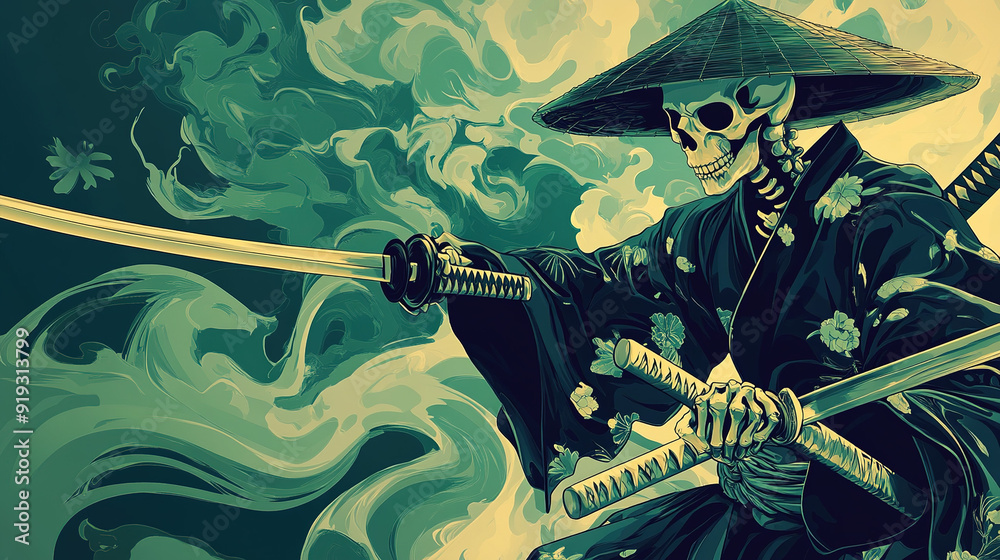 Full-body vector illustration of a skeleton samurai adorned with a ...