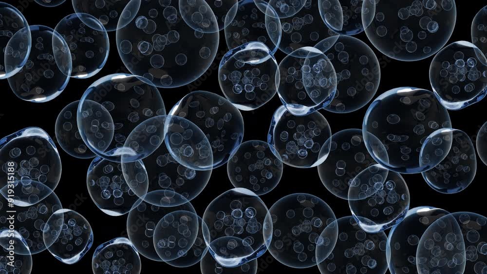 Abstract loop animation. A lots of transparent real soap bubbles flying ...