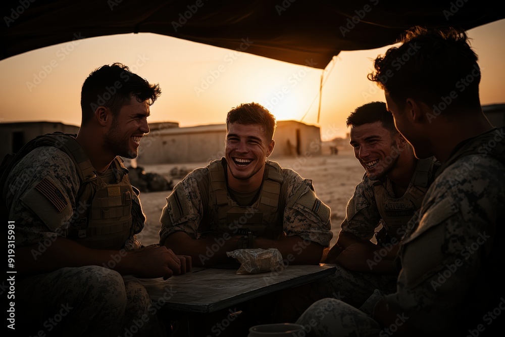 Four soldiers in military gear sit together sharing laughter and bonding in the calming ambiance ...