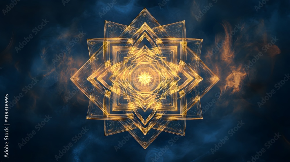 Sri Yantra mandala, illustrated with golden lines and deep blue ...
