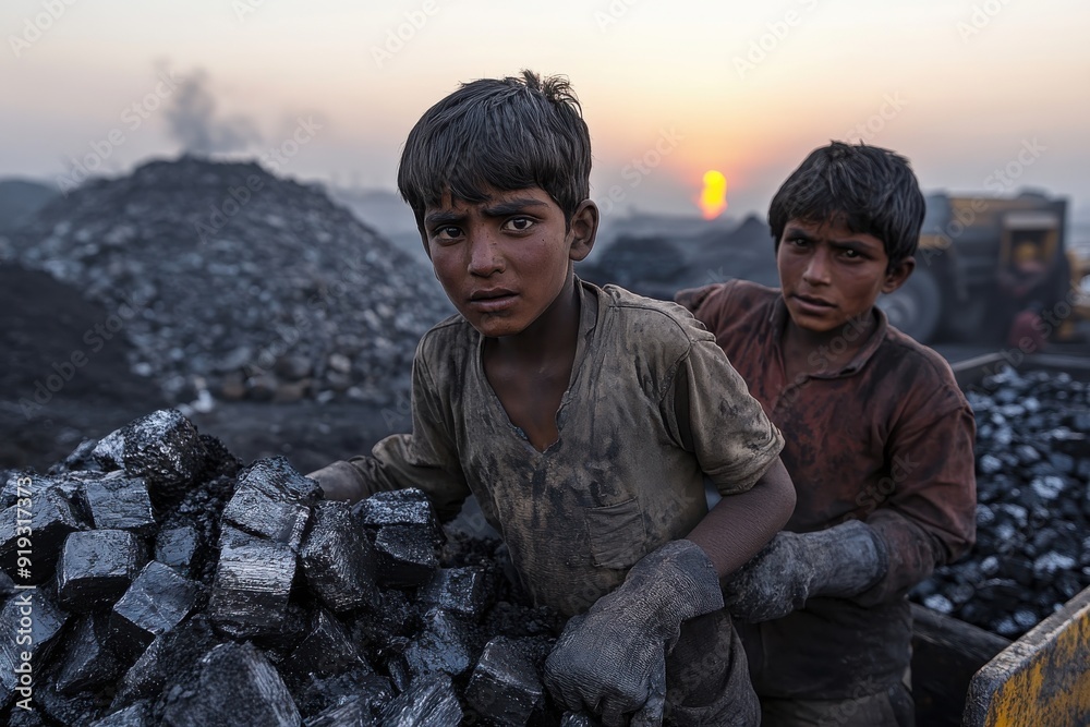 Two young boys labor intensely in a coal mine, their faces and clothes ...