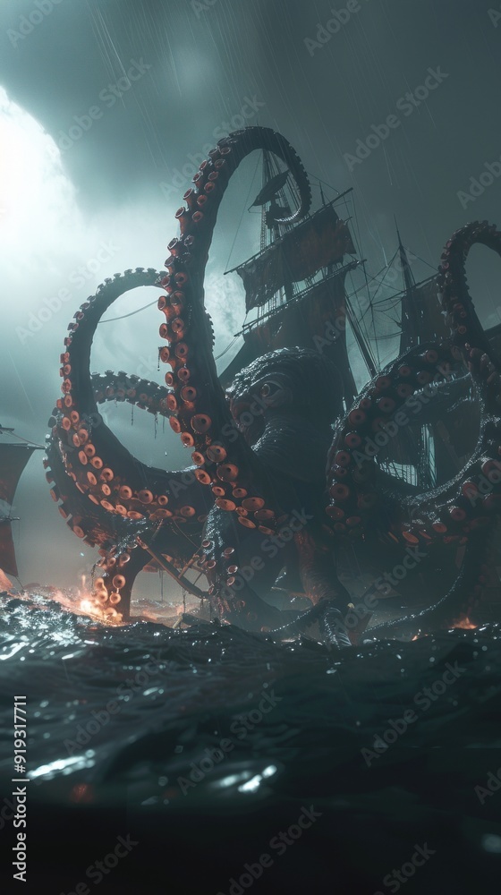 Terrifyingly huge as a sea creature octopus ship, the kraken tries to sink a huge pirate ship ...
