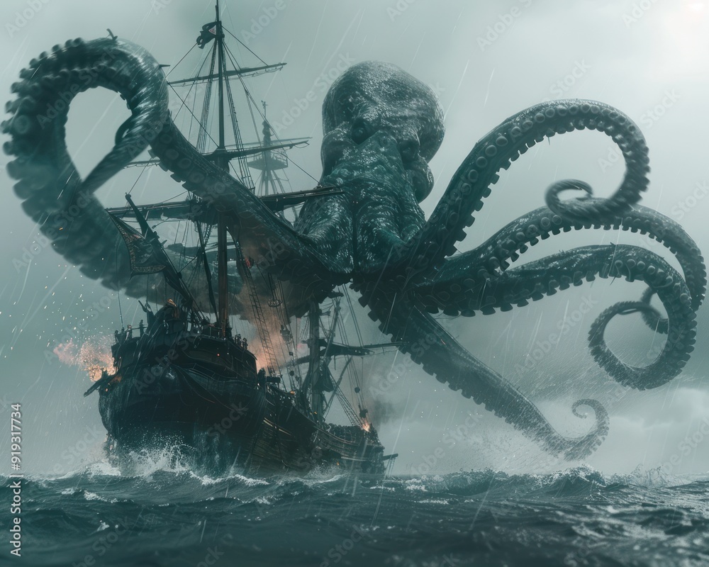 Terrifyingly huge as a sea creature octopus ship, the kraken tries to sink a huge pirate ship ...