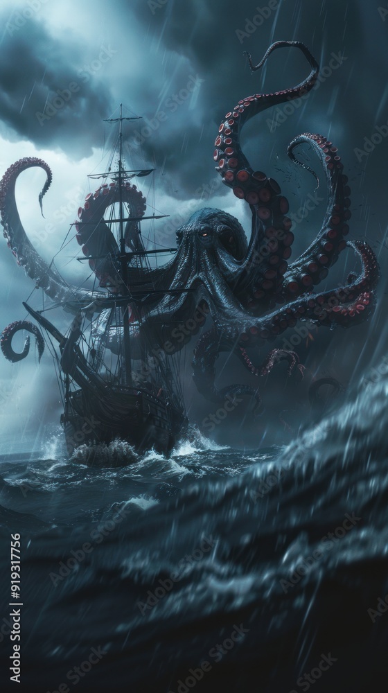Terrifyingly huge as a sea creature octopus ship, the kraken tries to sink a huge pirate ship ...