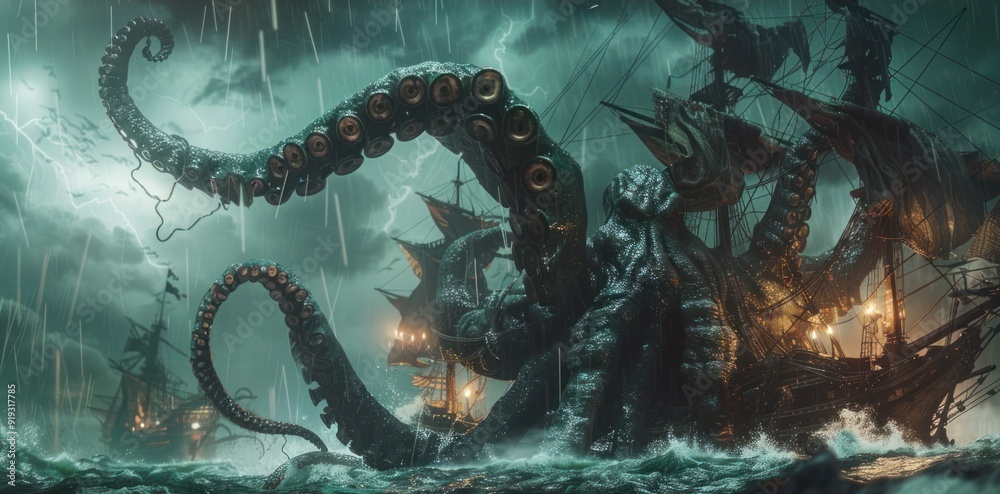 Terrifyingly huge as a sea creature octopus ship, the kraken tries to sink a huge pirate ship ...
